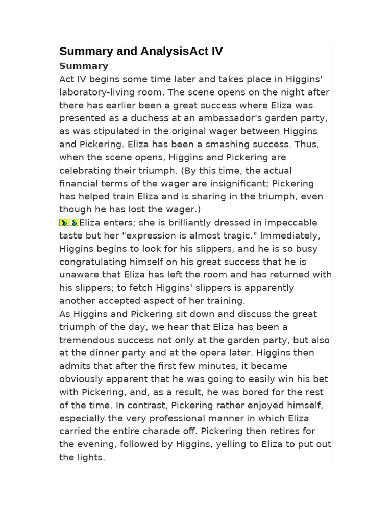 Summary and Analysis Act IV | PDF | Pygmalion (Play)