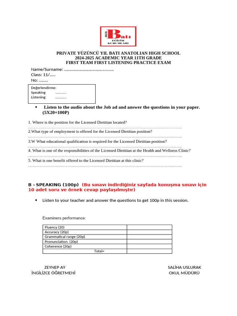 11. Sinif i̇ngi̇li̇zce Di̇nleme 1. Dönem 1. Sinav | PDF