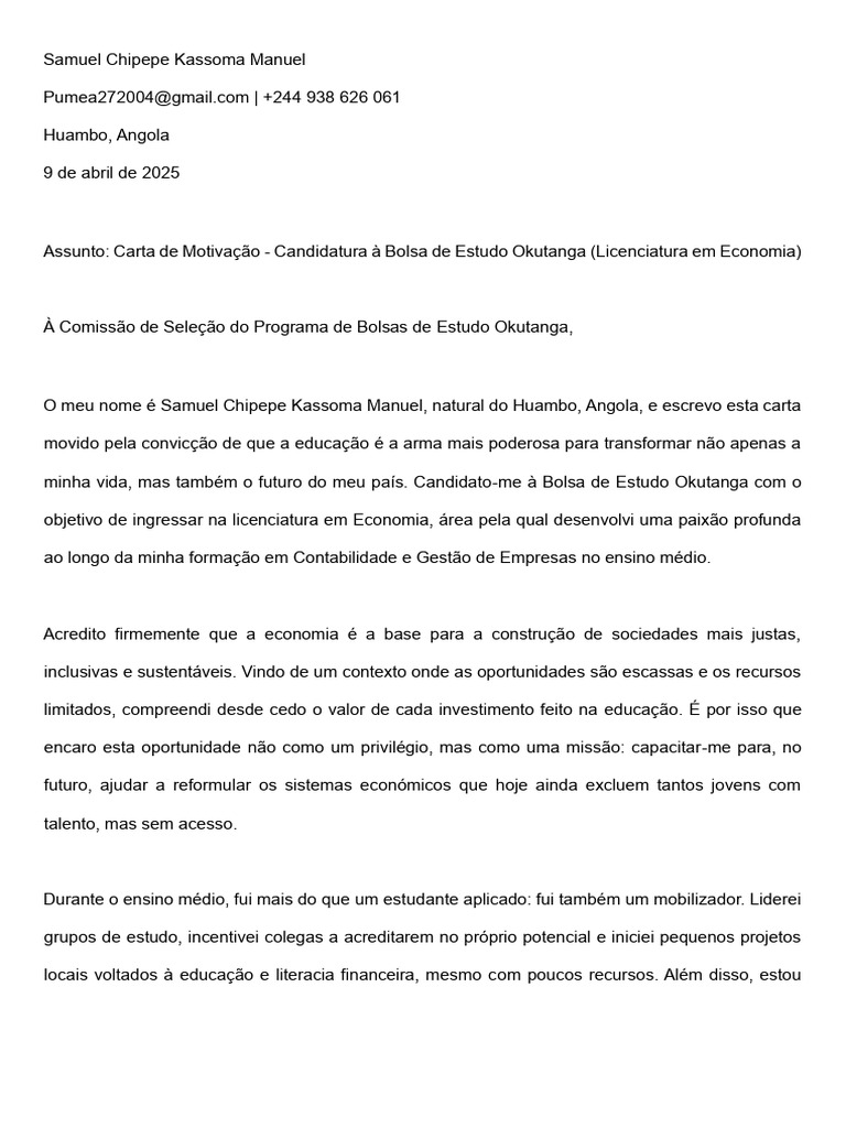 Carta Motivacao Okutanga Samuel Manuel | PDF | Economia | Angola