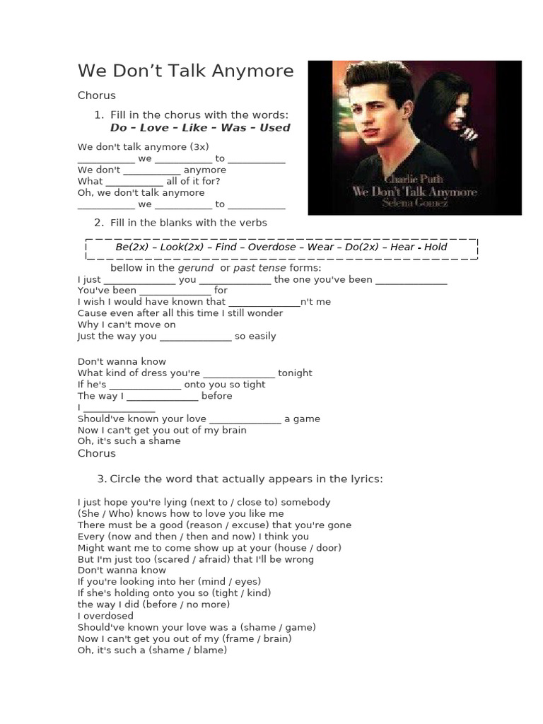 A2-B1we-dont-talk-anymore Worksheet | PDF | Languages | Foreign ...
