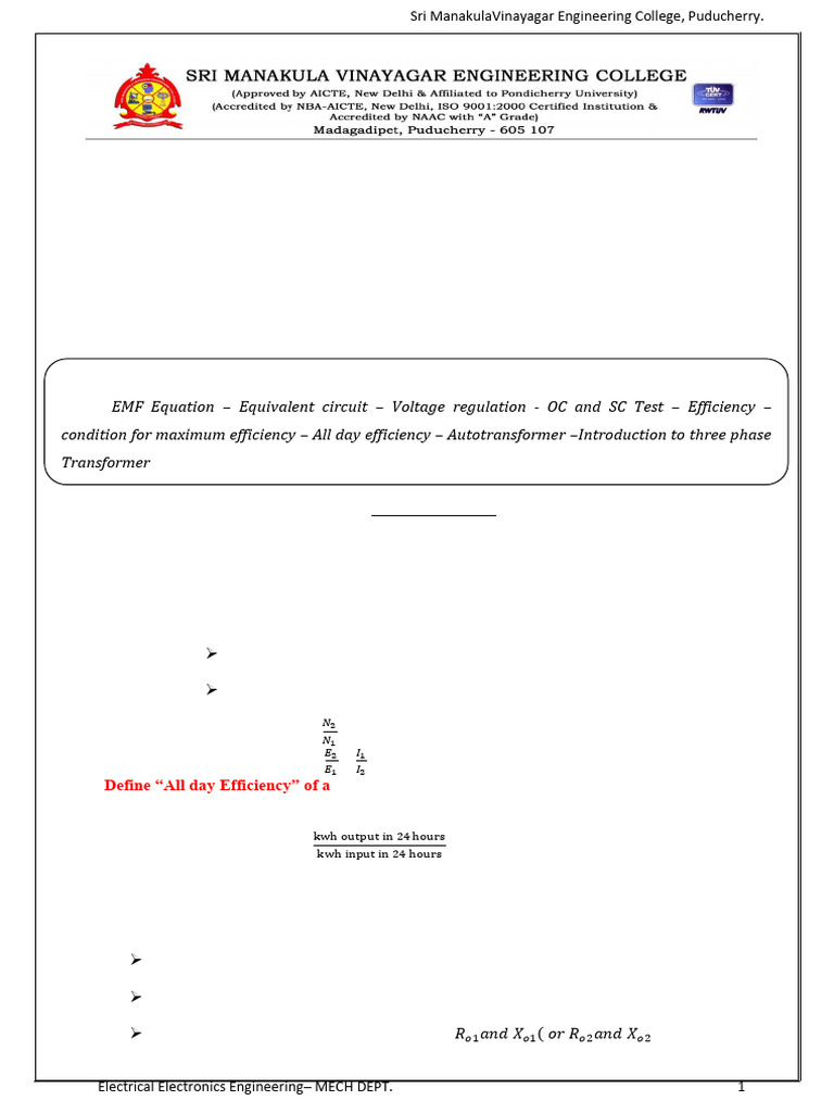 Mech Eee Unit 1 Transformer | PDF | Transformer | Electromagnetic Induction