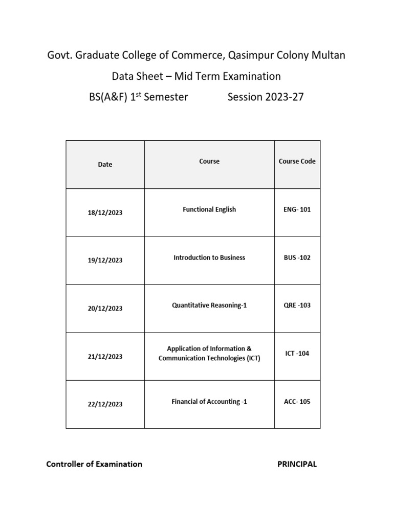 Mid Term Exam Schedule BS(A&F) 2023-27 | PDF