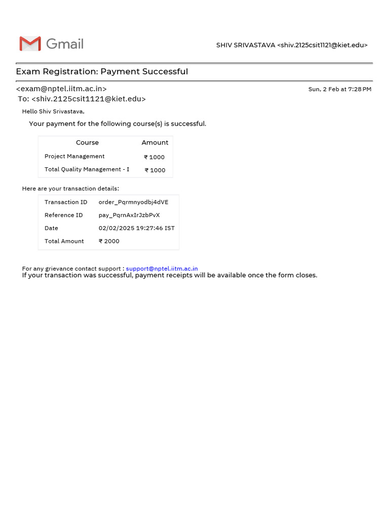 Exam Registration - Payment Successful PDF | PDF