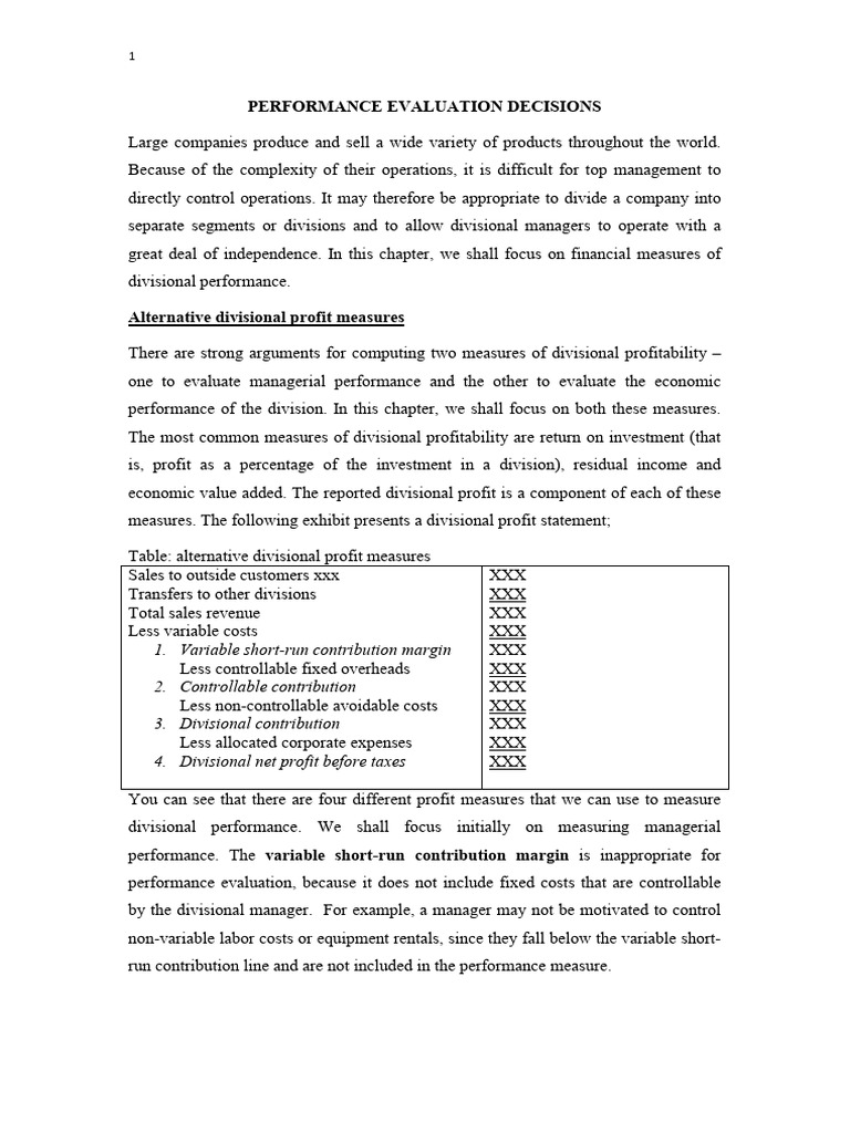 Divisional Performance Evaluation Metrics | PDF | Expense | Return On ...