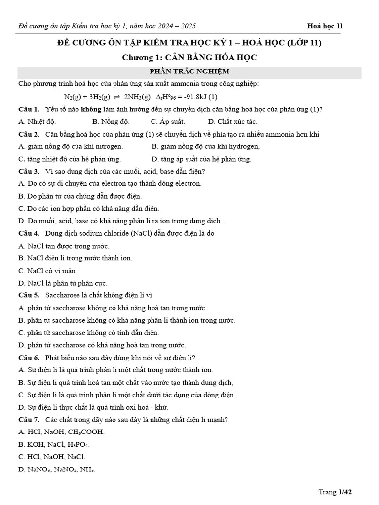 De Cuong On Tap HK1 Hoa 11 | PDF
