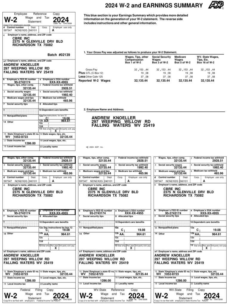 2024 W-2 Earnings Summary for Cafe 125 | PDF | Social Security (United ...