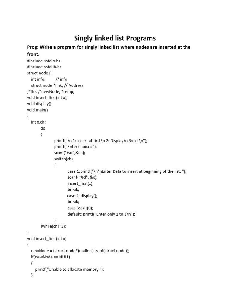 Singly Linked List Program Examples | PDF | Computer Science | Computer Data