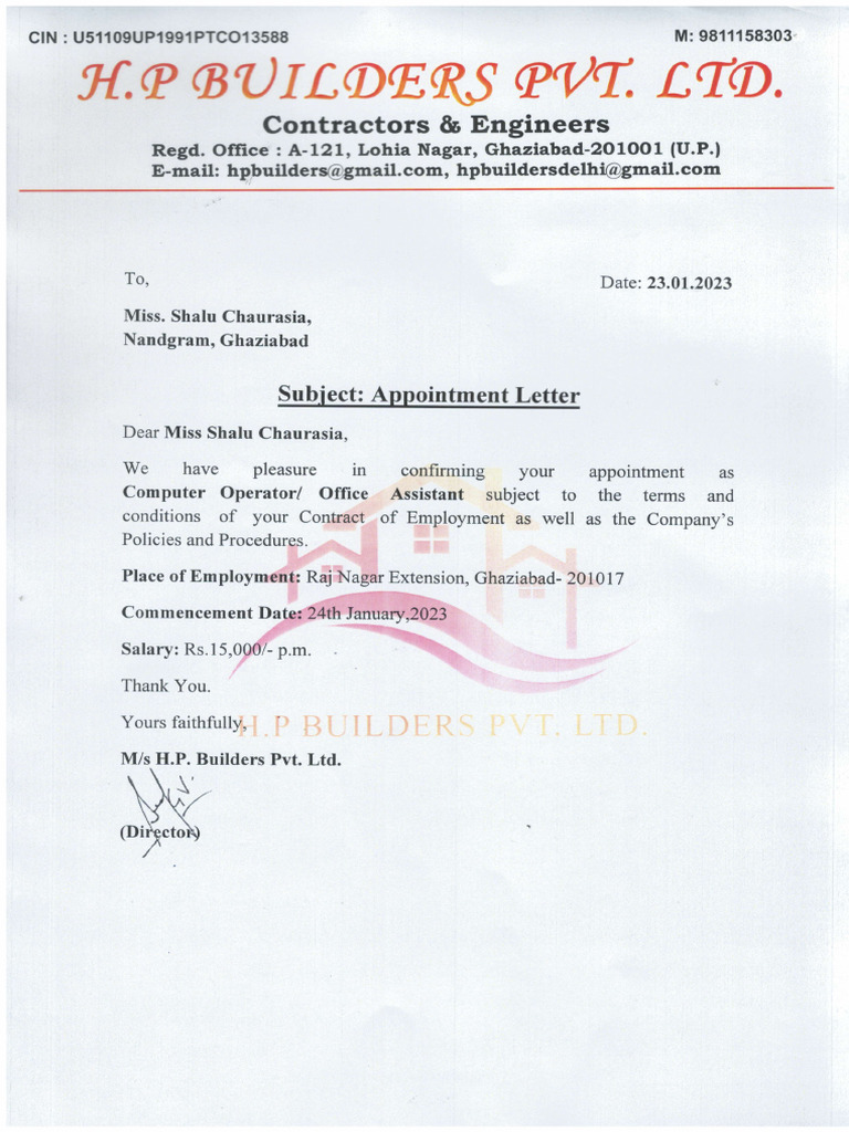 Appointment Letter for Shalu Chaurasia | PDF
