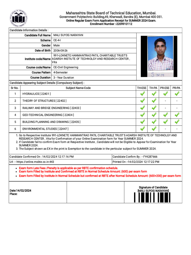Exam Form Application of Candidate For | PDF | Educational Stages