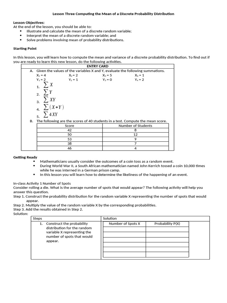 Lesson 3 Computing The Mean of A Discrete Probability Distribution ...