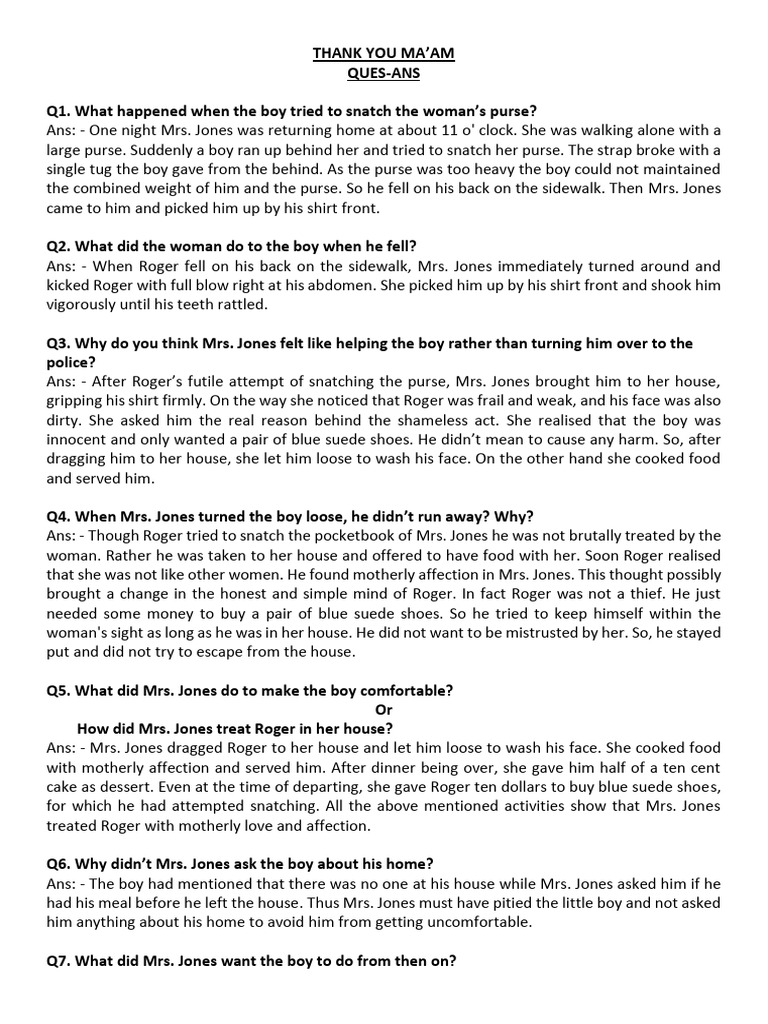 Thank You Ma'am Q&A for Class 11 | PDF