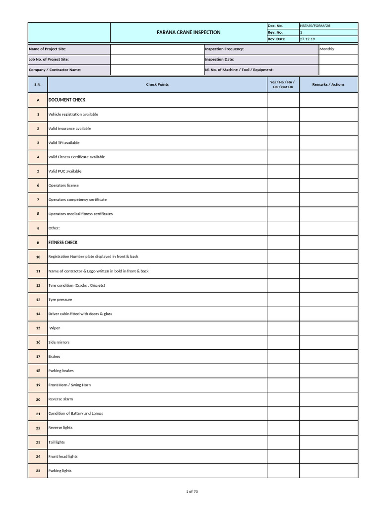 Farana Crane Inspection Checklist | PDF | Manufactured Goods | Transport