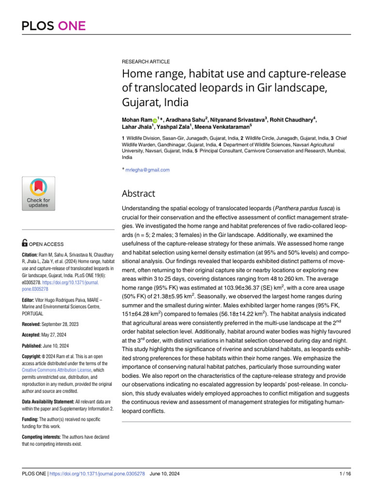 Home Range, Habitat Use and Capture-Release of Translocated Leopards in ...