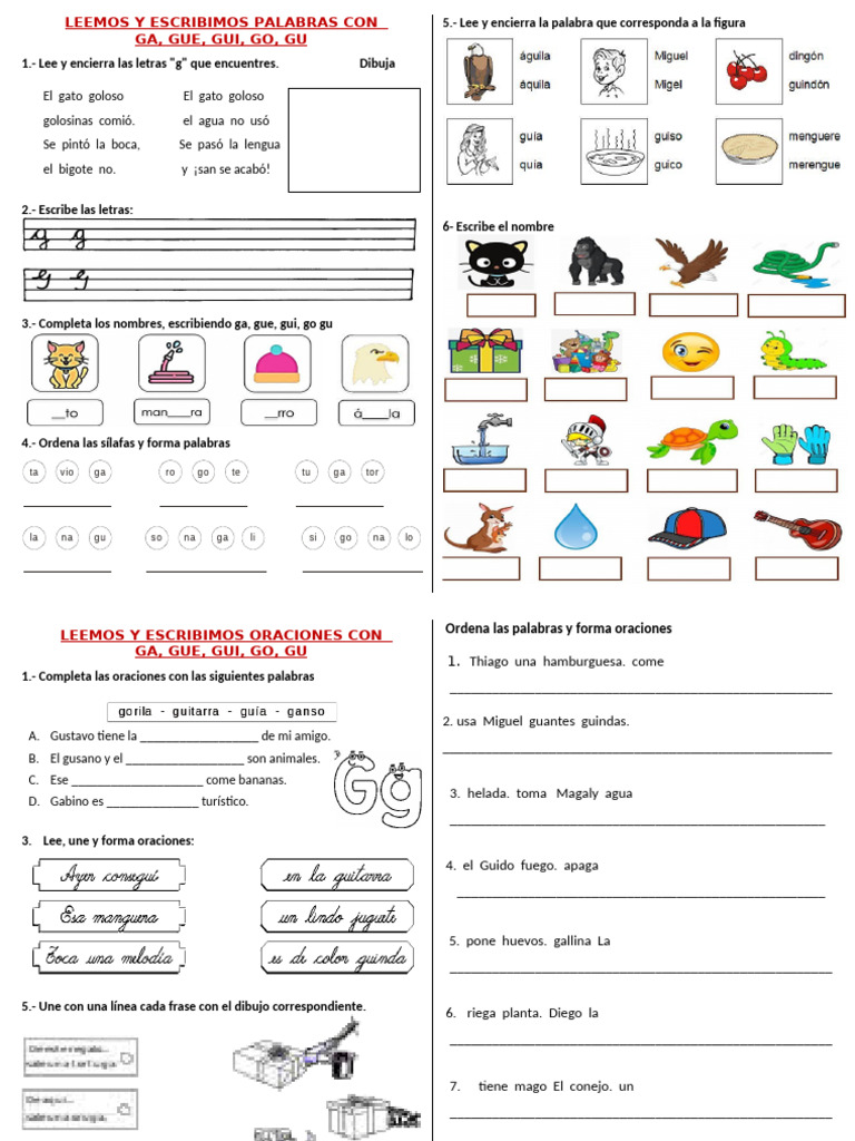 Oraciones y Actividades con Ga, Gue, Gui, Go, Gu | PDF