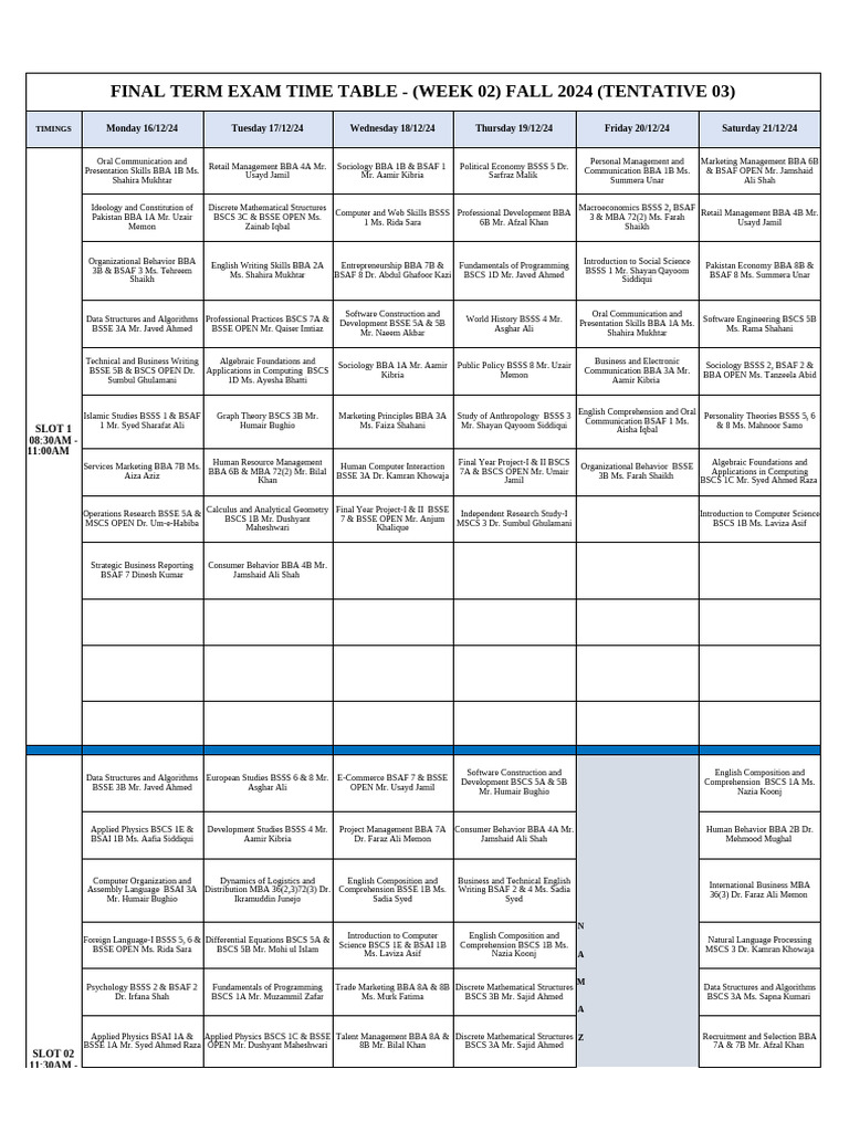 Fall 2024 Final Exam Schedule Week 2 | PDF