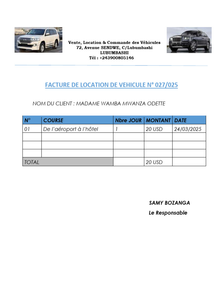 Facture Location Véhicule Yango | PDF