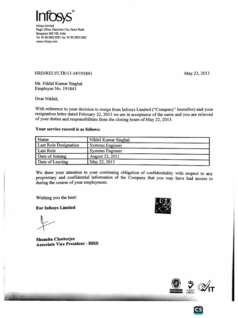 Infosys Experience Letter | PDF