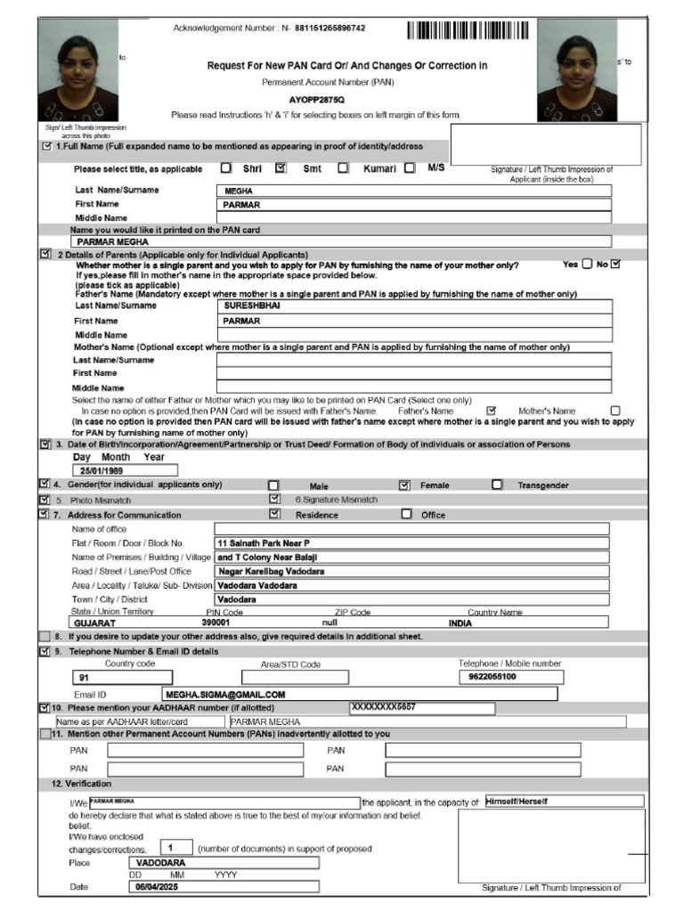 Pan Card Update Megha Parmar | PDF