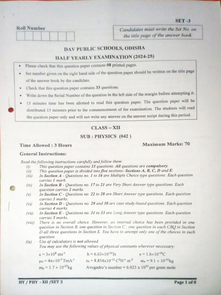 Xii QP Phy Set 3 Hy 2024 25 | PDF
