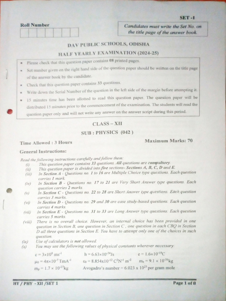 Xii QP Phy Set 1 Hy 2024 25 | PDF