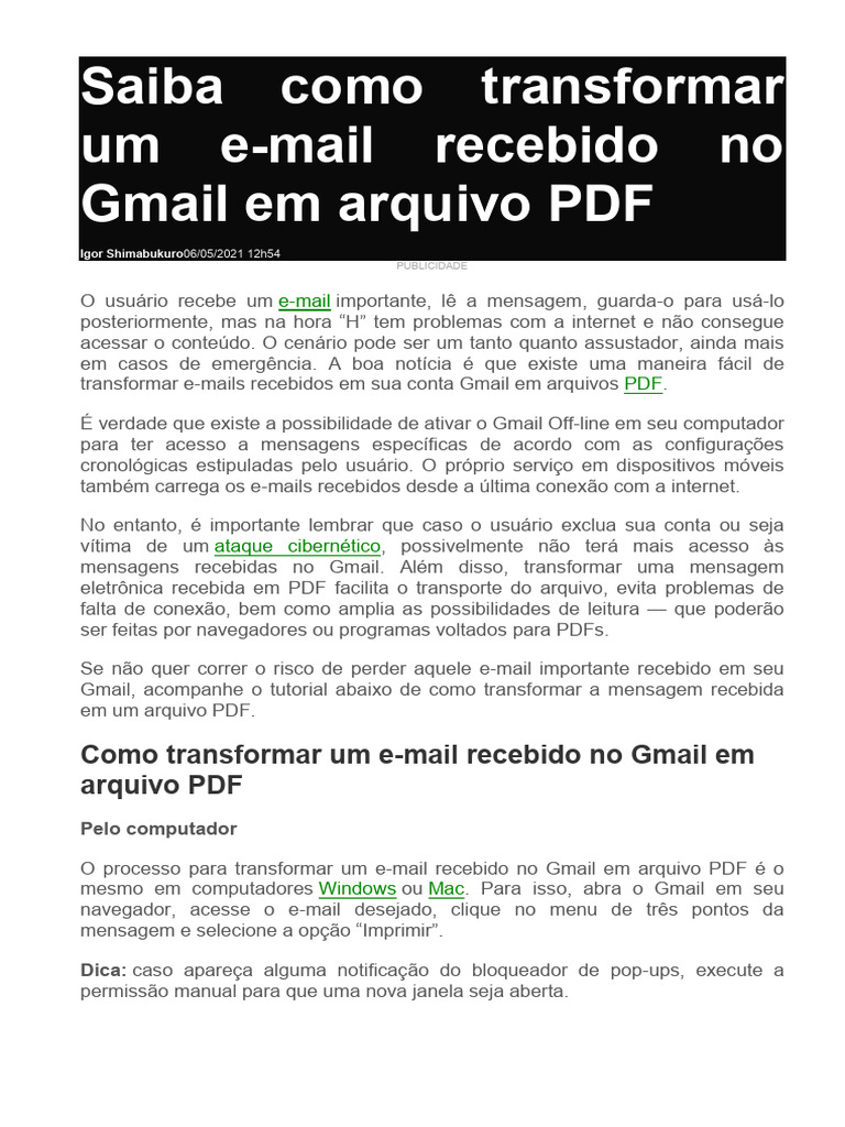 GMail-Saiba_como_transformar_um_e-mail_recebido_em_arquivo_PDF | PDF | Gmail | Internet