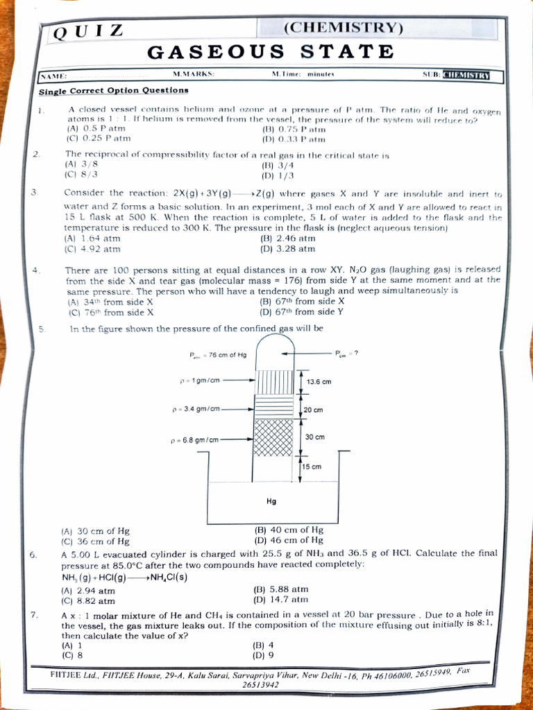 Gaseous State Question Paper and Answer Key | PDF | Gases | Temperature