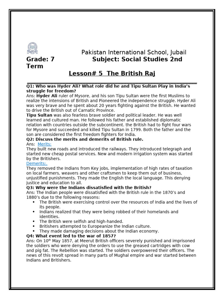 CH#5 SST.7 7ththe British Raj | PDF | Indian Rebellion Of 1857 ...