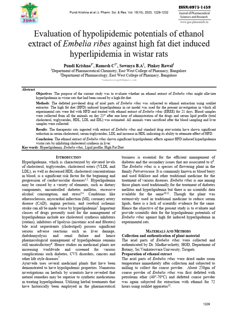 Krishna 2023, Hypolipidemic | PDF | Cholesterol | Medical Specialties