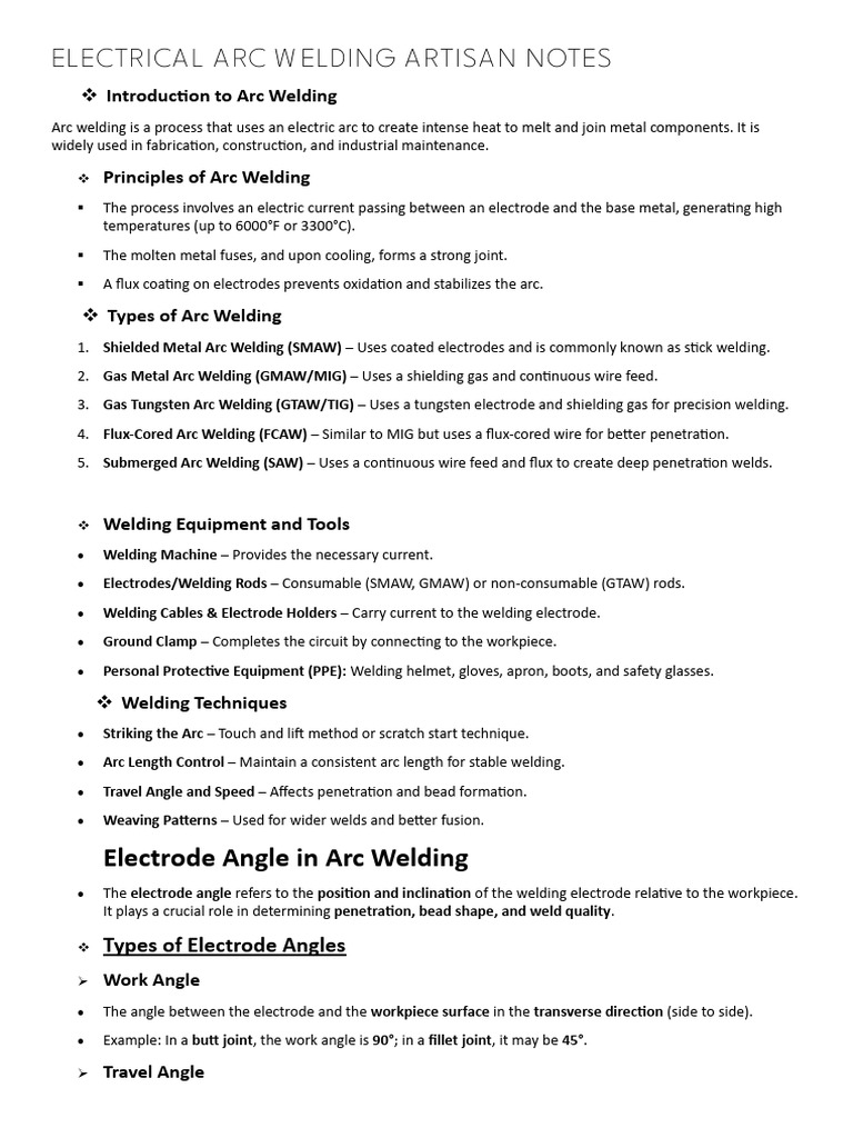 Electrical Arc Welding Artisan Notes | PDF | Welding | Construction