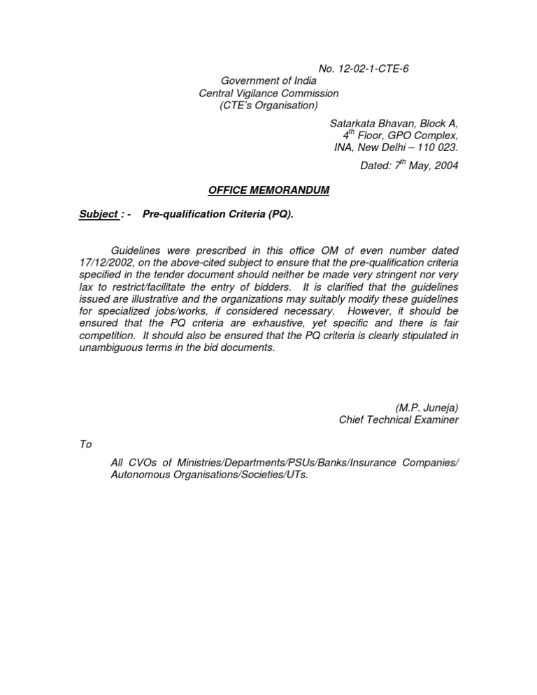 Office Memorandum Subject: - Pre-Qualification Criteria (PQ) | PDF