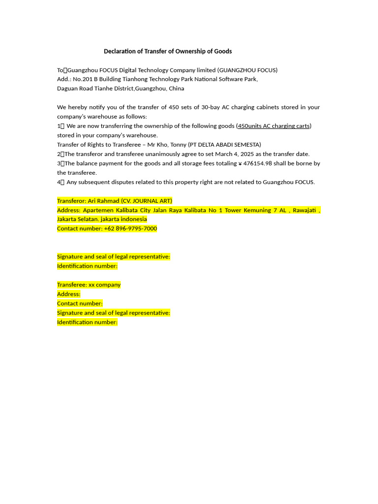 GOODS' Transfer Agreement | PDF
