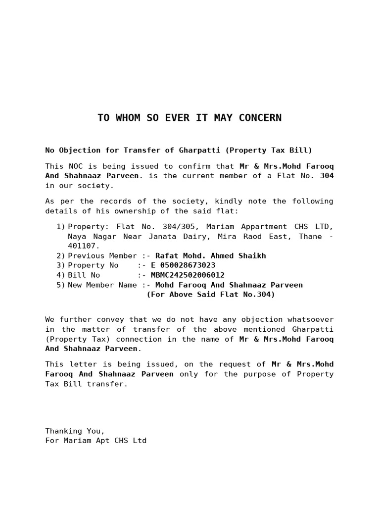 NOC for Property Tax Transfer | PDF