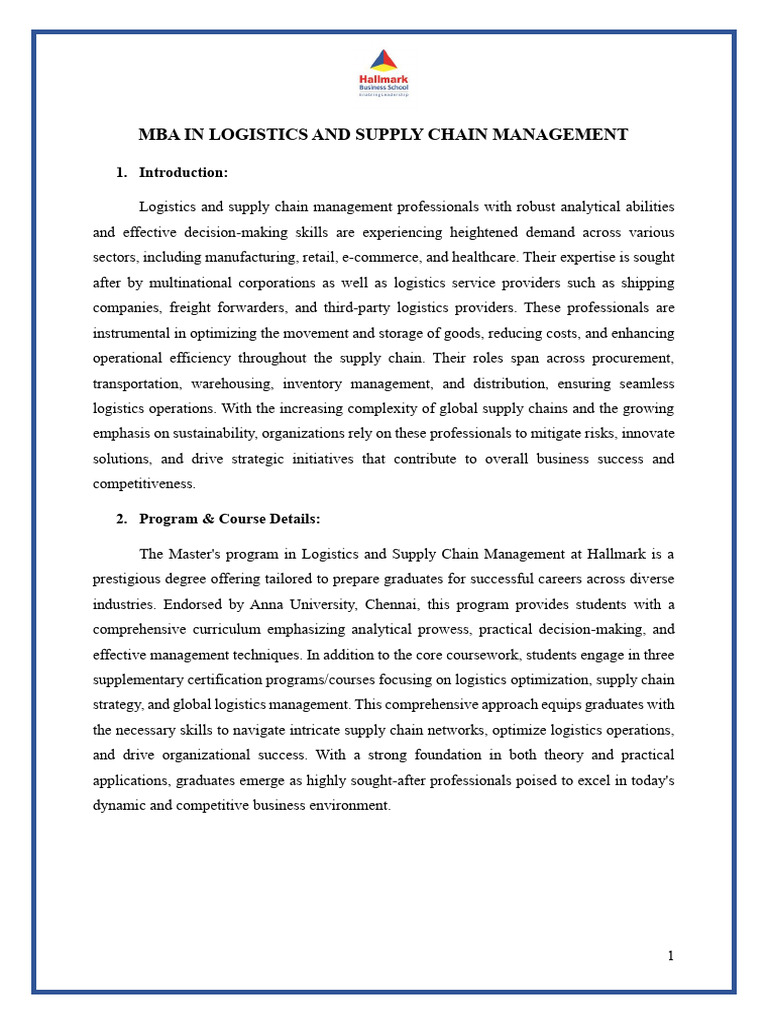 Mba in Logistics and Supply Chain Management | PDF | Logistics | Containerization