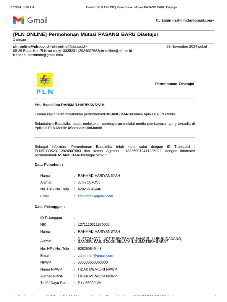 Gmail - (PLN ONLINE) Permohonan Mutasi PASANG BARU Disetujui | PDF