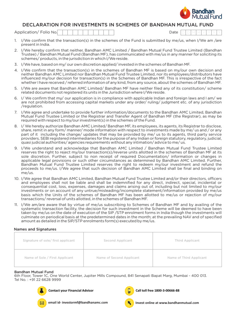 Bandhan Declaration Form | PDF | Mutual Funds | Common Law