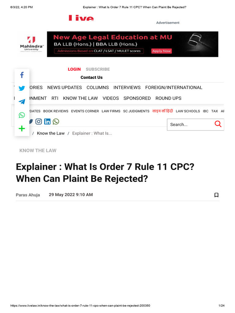 Explainer _ What Is Order 7 Rule 11 CPC_ When Can Plaint Be Rejected ...