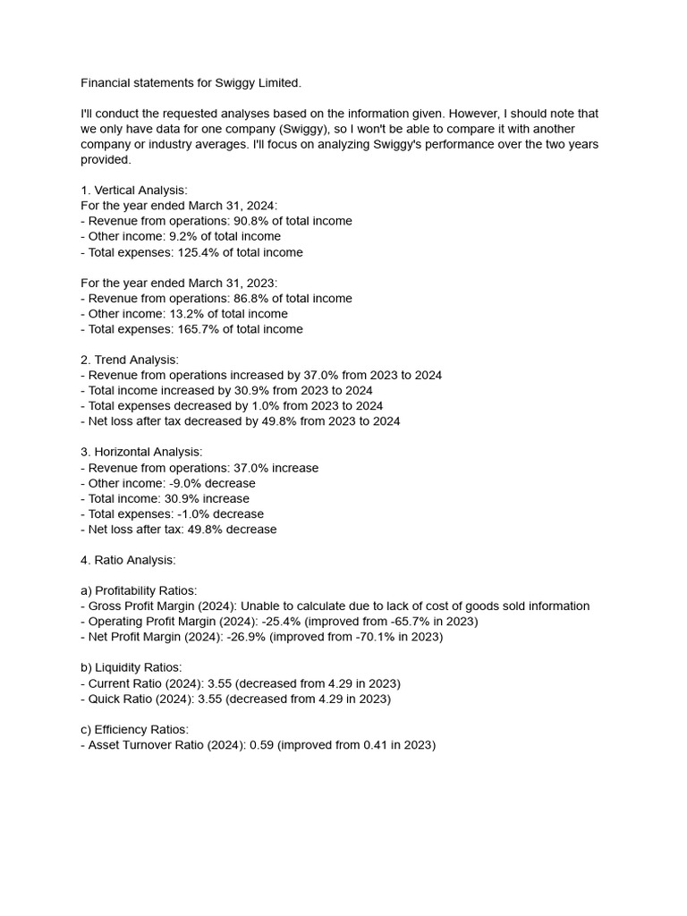 Swiggy Financial Performance Analysis 2024 | PDF | Revenue | Equity ...