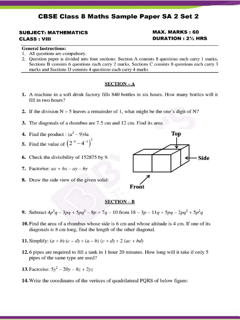 CBSE Class 8 Maths Sample Paper SA 2 Set 2 | PDF