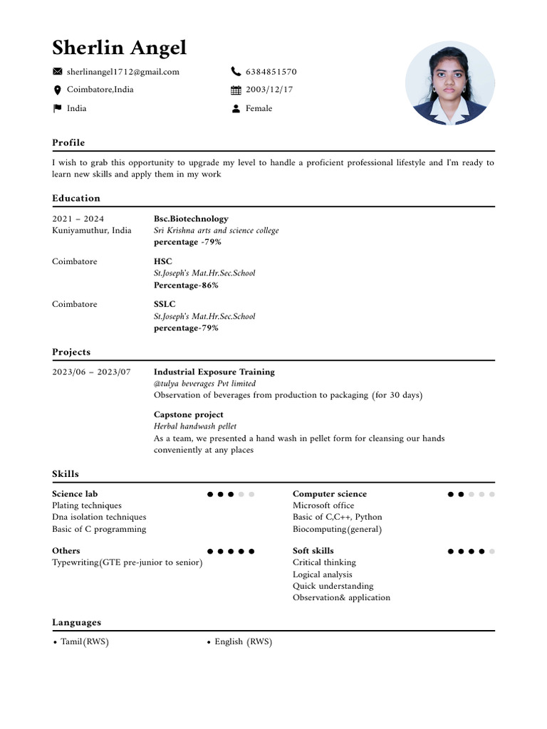 Sherlin Angel's Biotechnology Resume | PDF