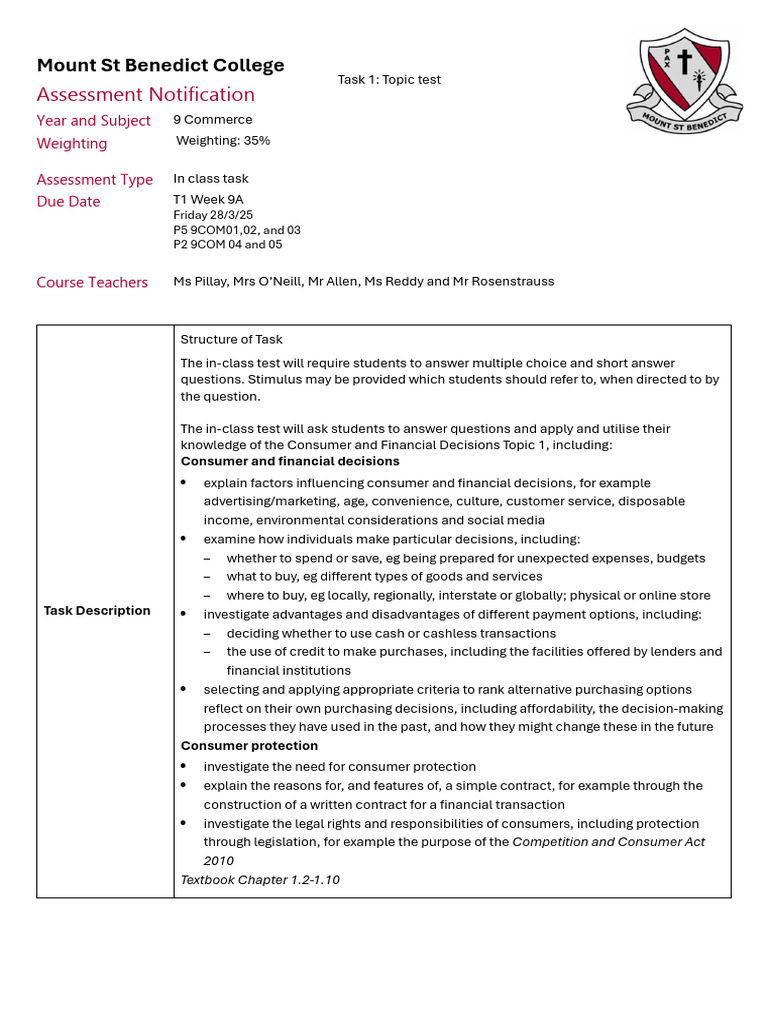 9 Commerce Task 1 2025 Noification | PDF | Multiple Choice | Economies