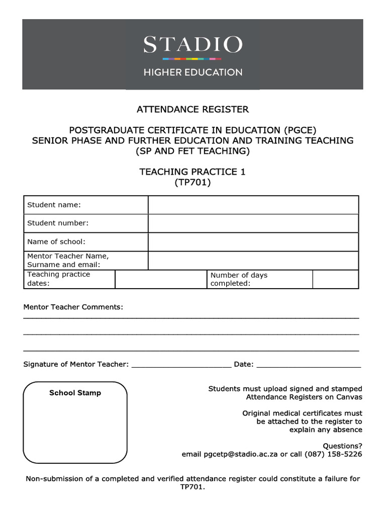TP701 Attendance Register for PGCE | PDF