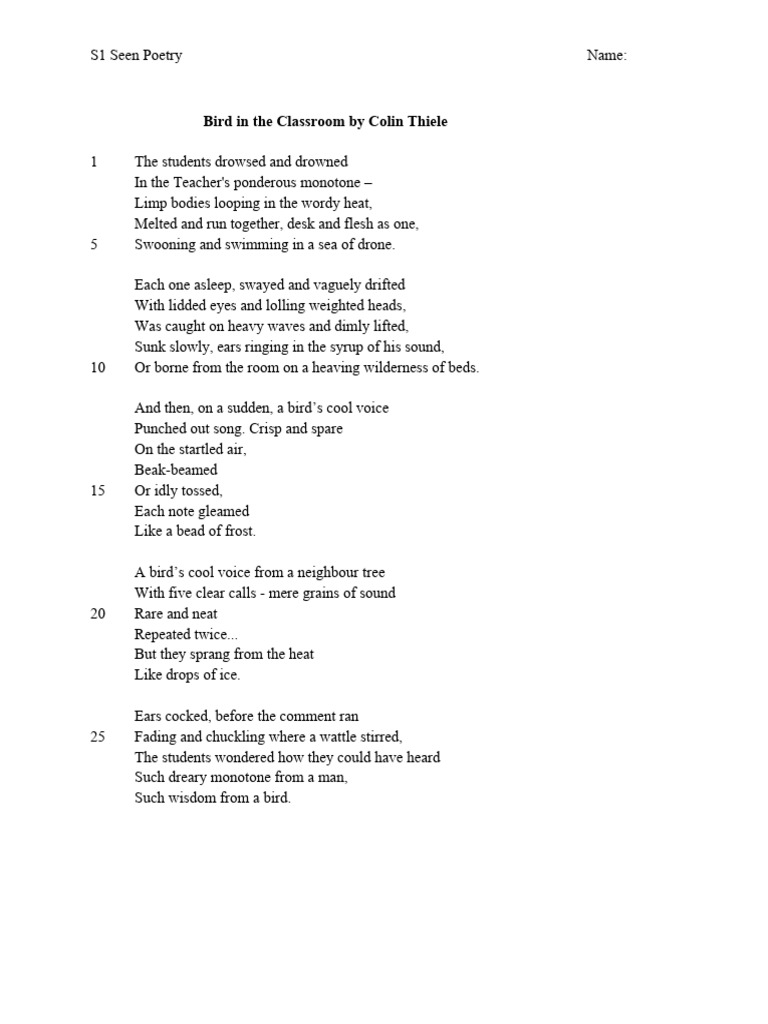 Bird in the Classroom Analysis | PDF