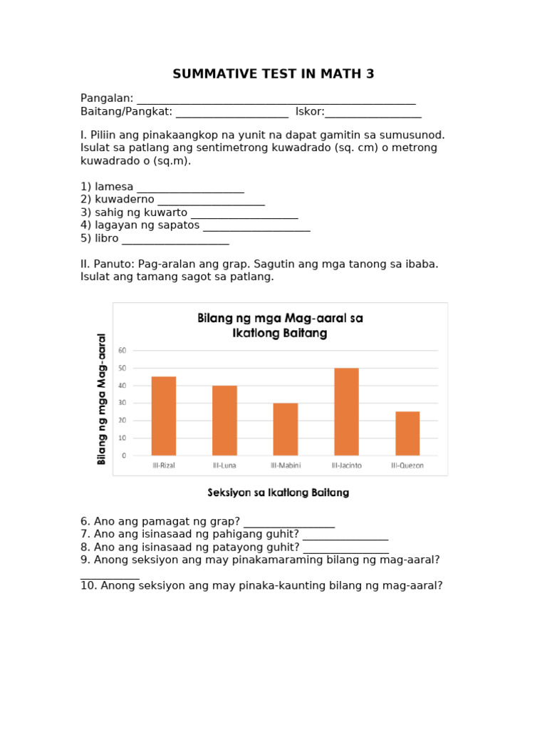 Summative Test in Math 3 | PDF