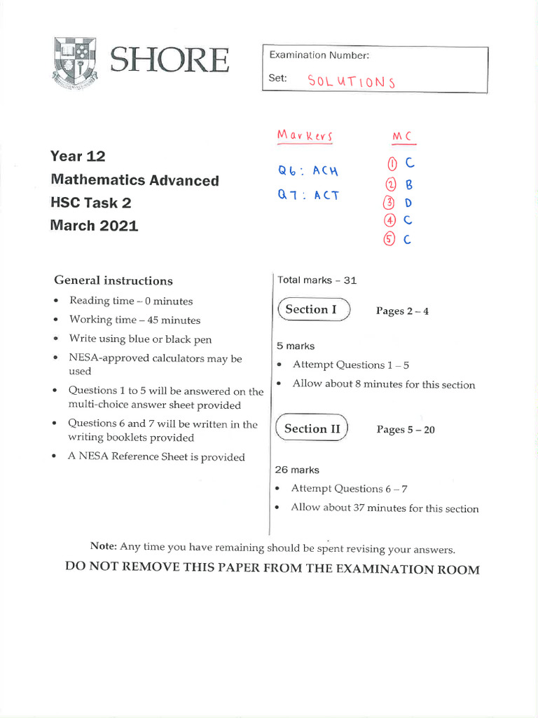 2021 - Year 12 - HSC Task 2 - Advanced - SOLUTIONS | PDF