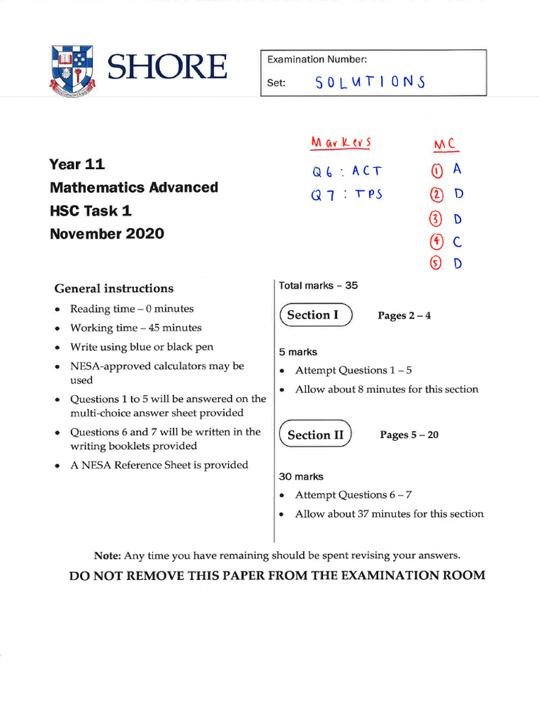 2020 - Year 11 - HSC Task 1 - Advanced Solutions | PDF