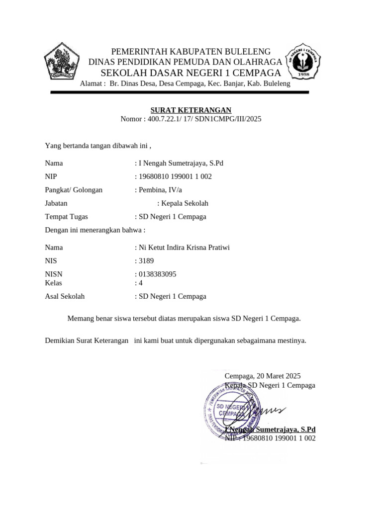 Surat Keterangan Indira-1 | PDF