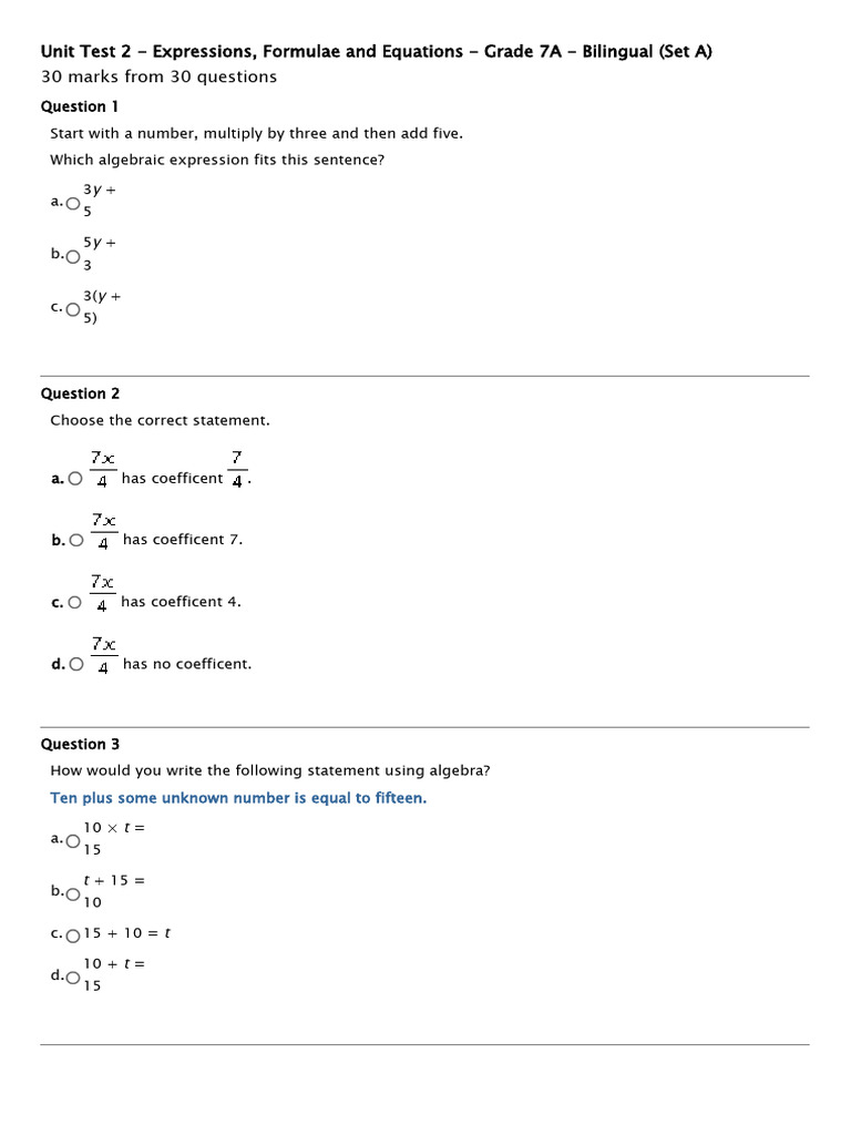 Unit Test 2 - Expressions, Formulae and Equations - Grade 7A ...