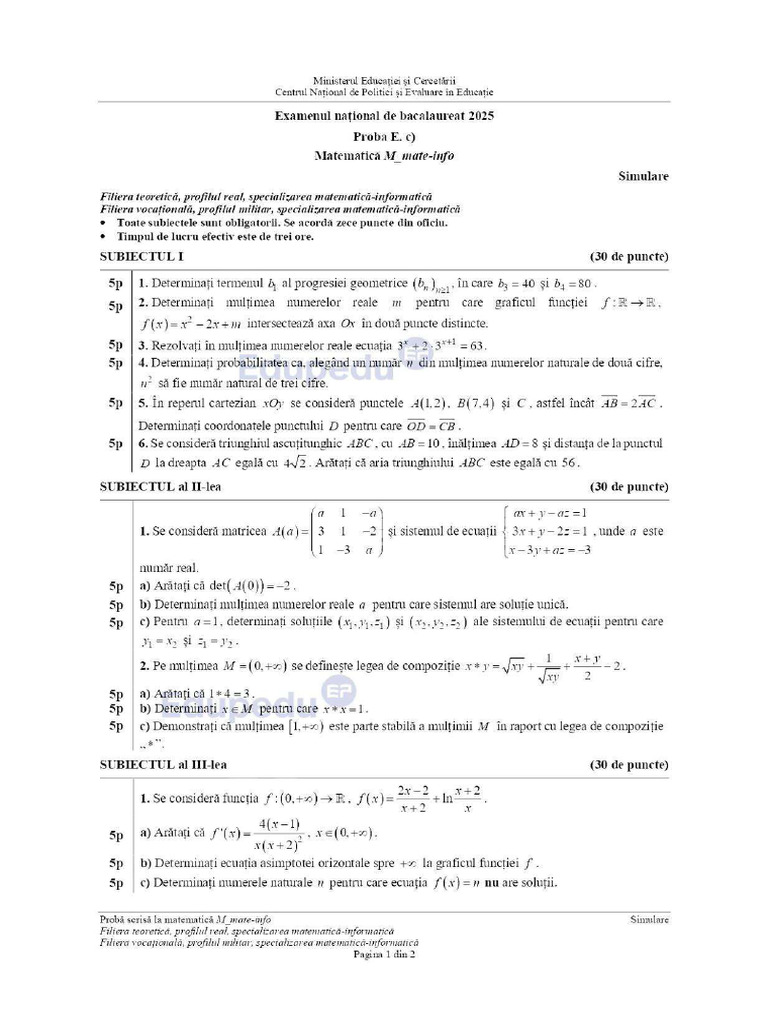 Subiecte Matematica Simulare Bac 2025 Mat Info | PDF