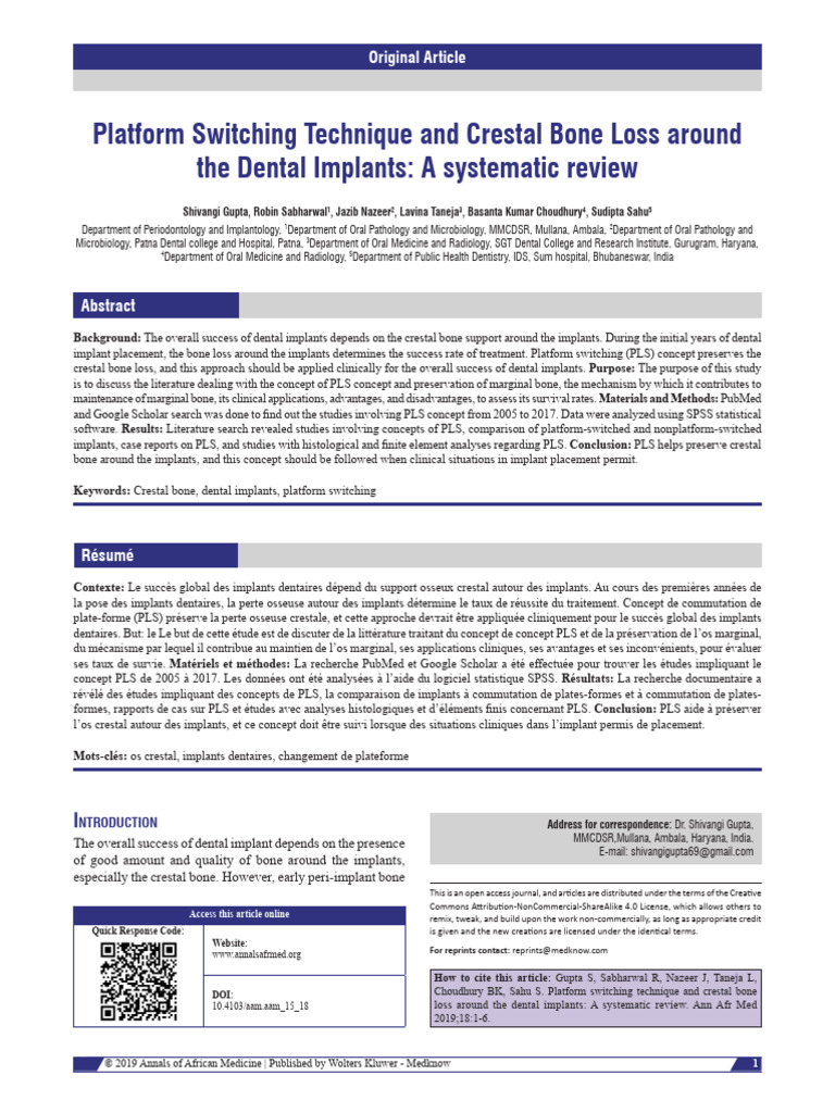 Platform Switching Technique and Crestal Bone Loss Around The Dental ...