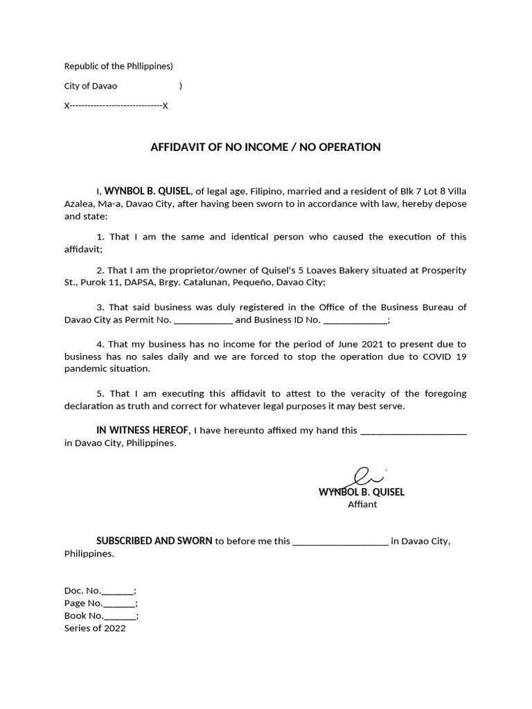 Affidavit of No Income No Operation | PDF